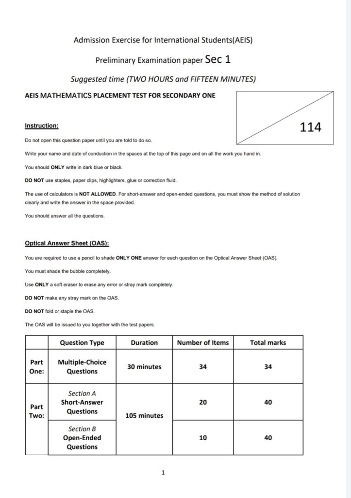 AEIS Exam Paper Sec1 - AEIS Exam Paper