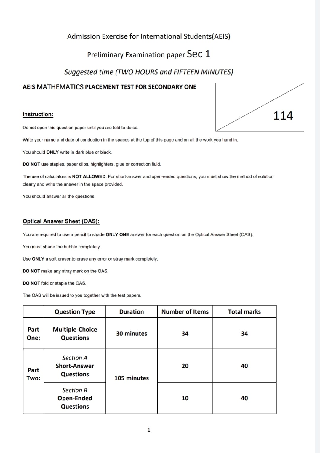 AEIS Exam Paper Sec1 - AEIS Exam Paper