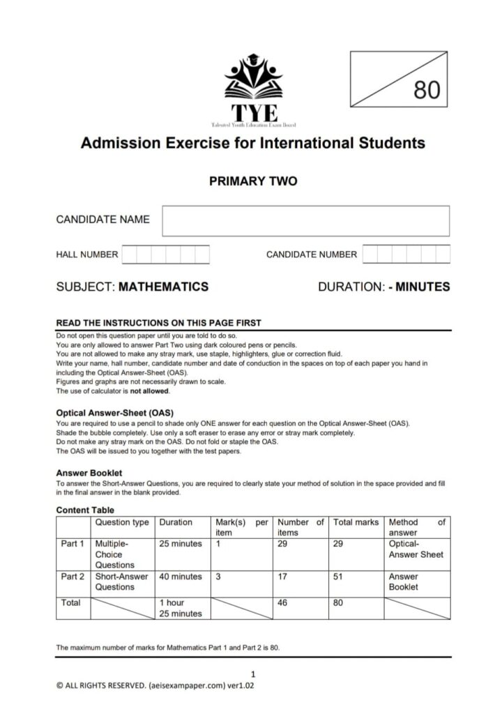 AEIS Exam Paper P2 Past Year - AEIS Exam Paper