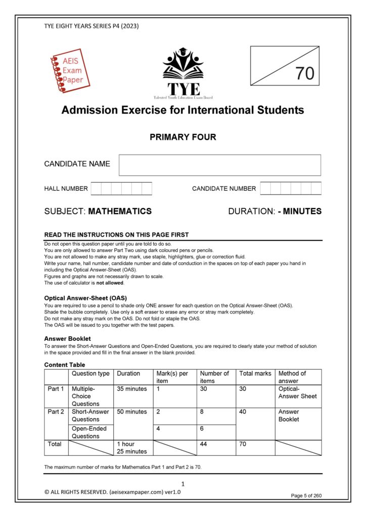 AEIS Exam Paper P4 (2016 - 2023) Past Year - AEIS Exam Paper