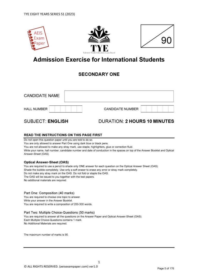 AEIS Exam Paper English Sec1 (8 Years Series) - AEIS Exam Paper