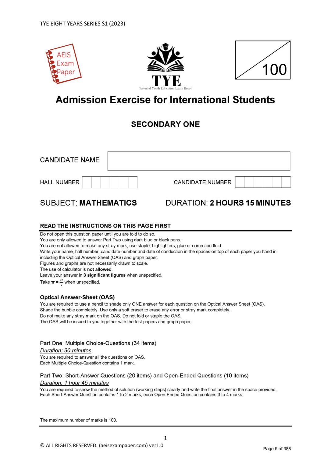 AEIS Exam Paper Math Sec1 Book (8 Years Series) (Hardcopy) - AEIS Exam ...