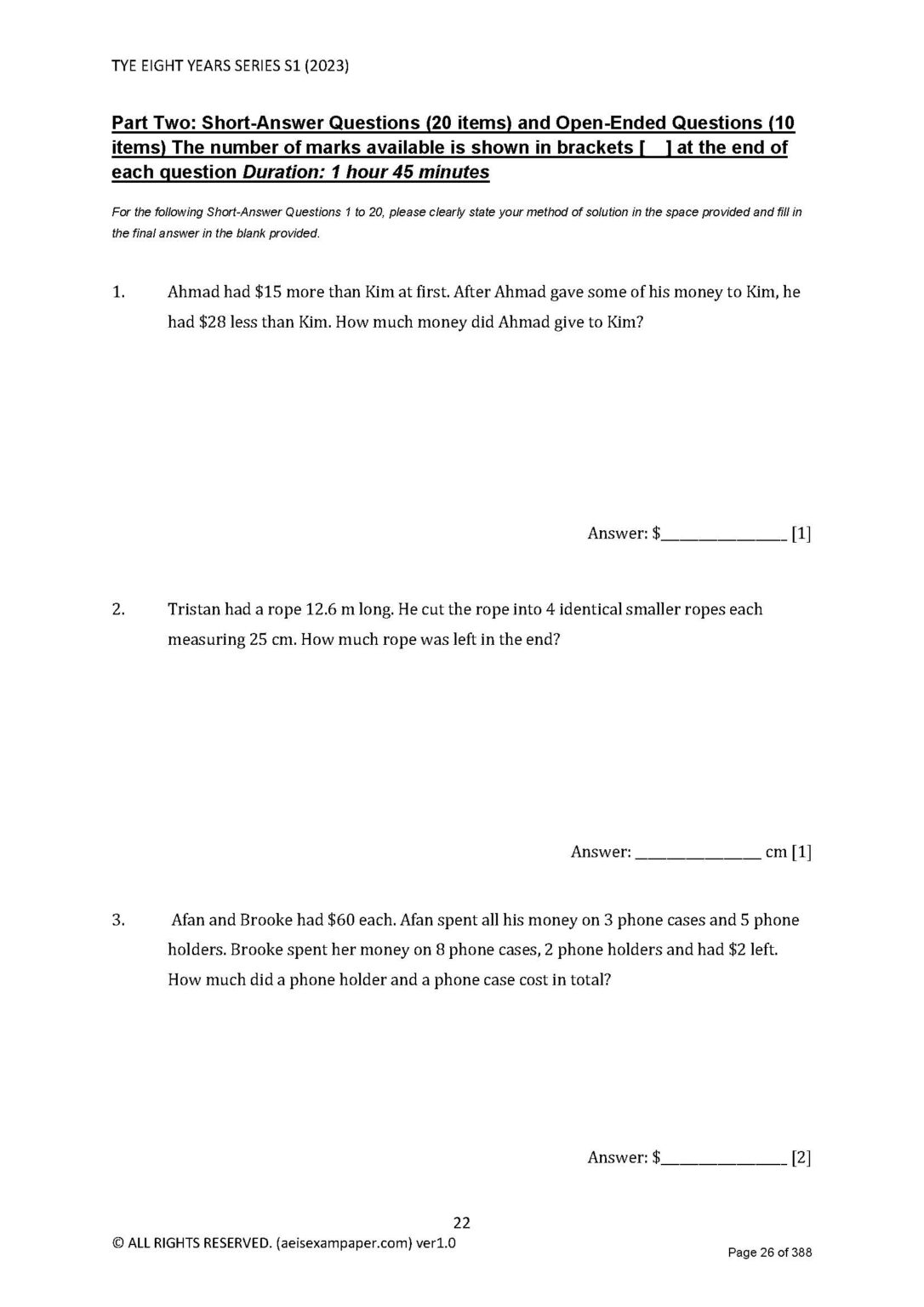AEIS Exam Paper Math Sec1 (8 Years Series) - AEIS Exam Paper
